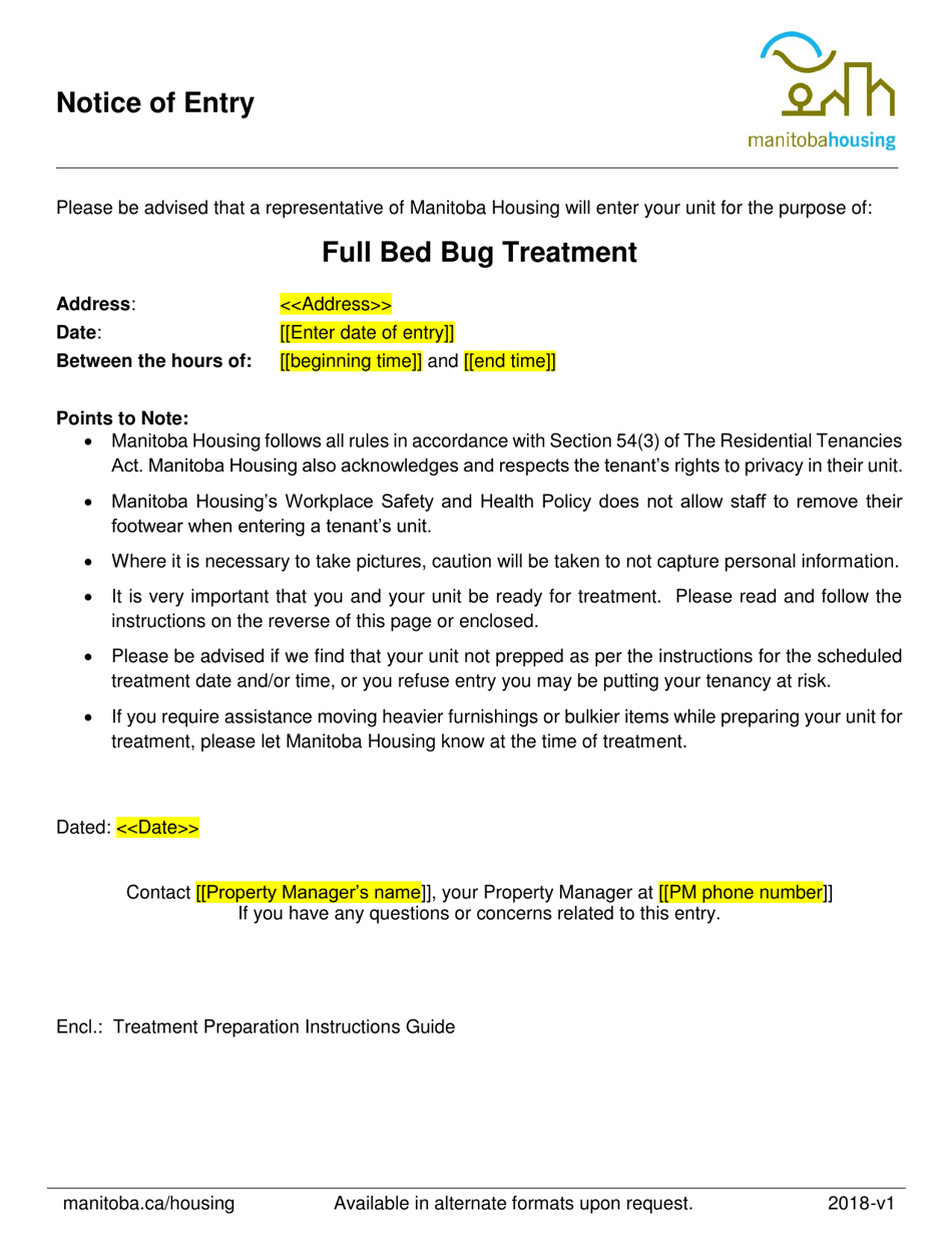 Manitoba Canada Notice of Entry - Full Bed Bug Treatment - Fill Out ...