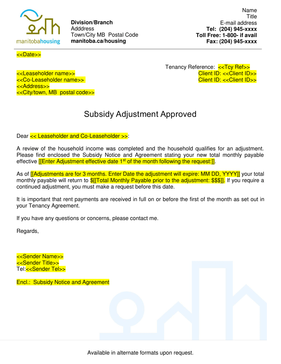 Manitoba Canada Subsidy Adjustment Letter - Approved - Fill Out, Sign ...