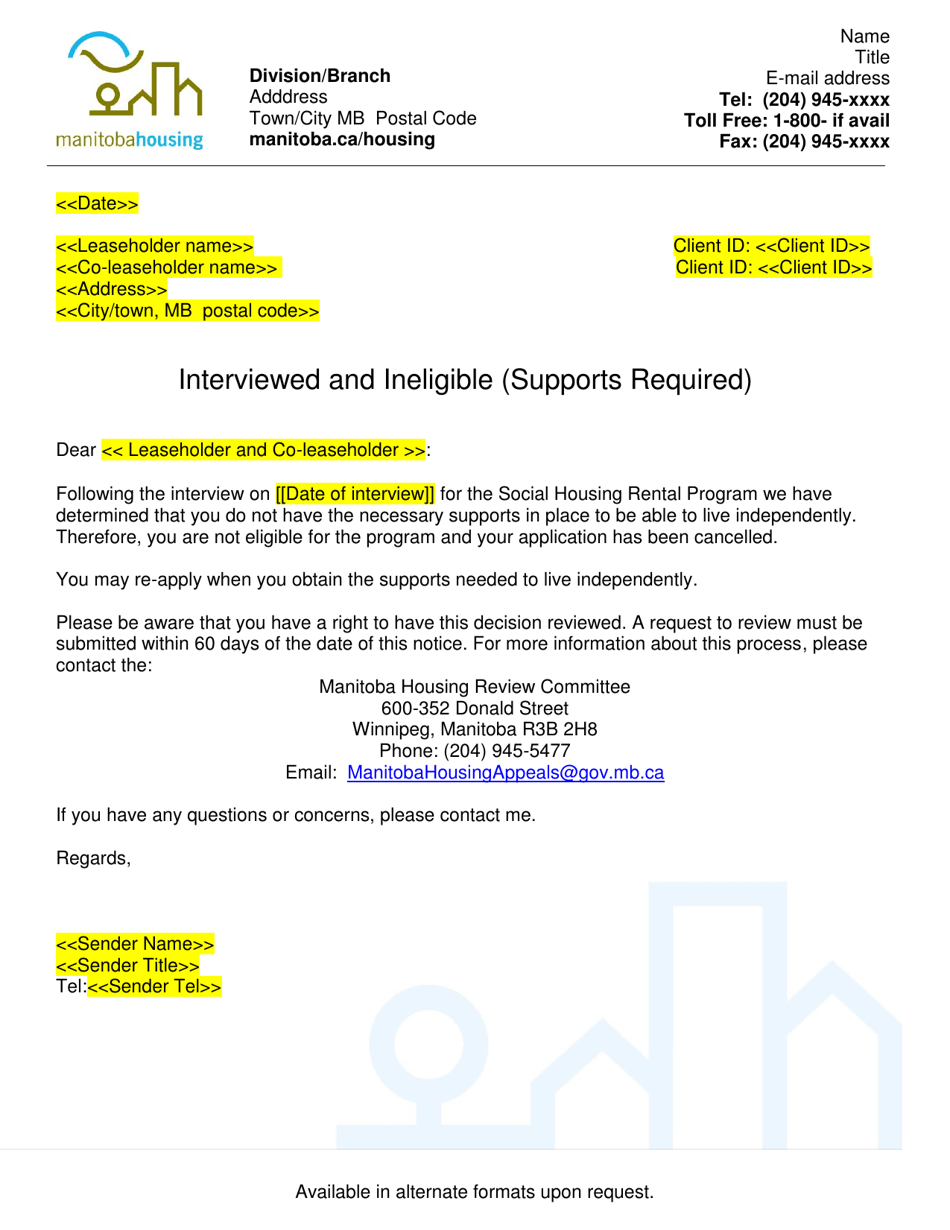 Manitoba Canada Interviewed and Ineligible (Supports Required) Letter ...