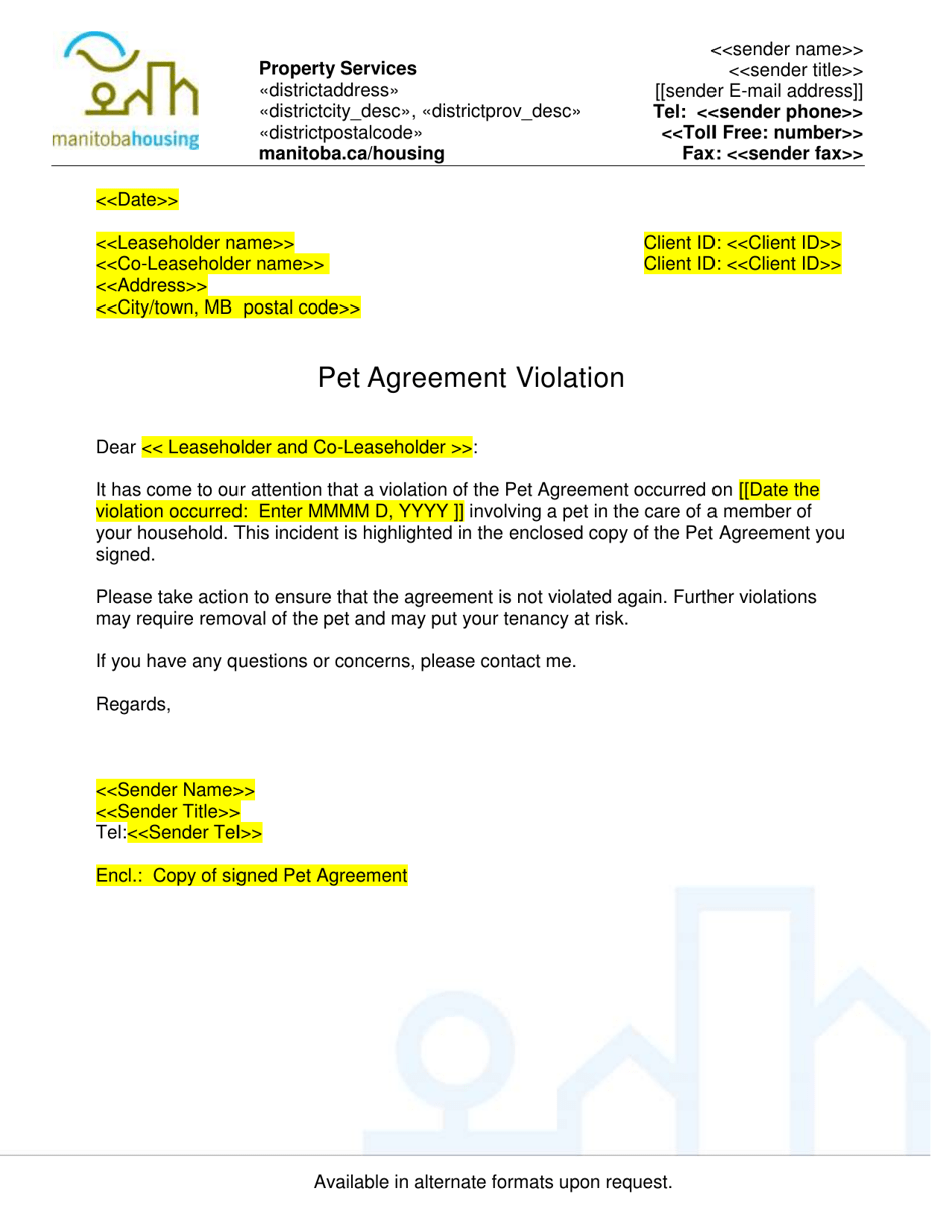 Manitoba Canada Pet Agreement Violation Letter - Fill Out, Sign Online ...