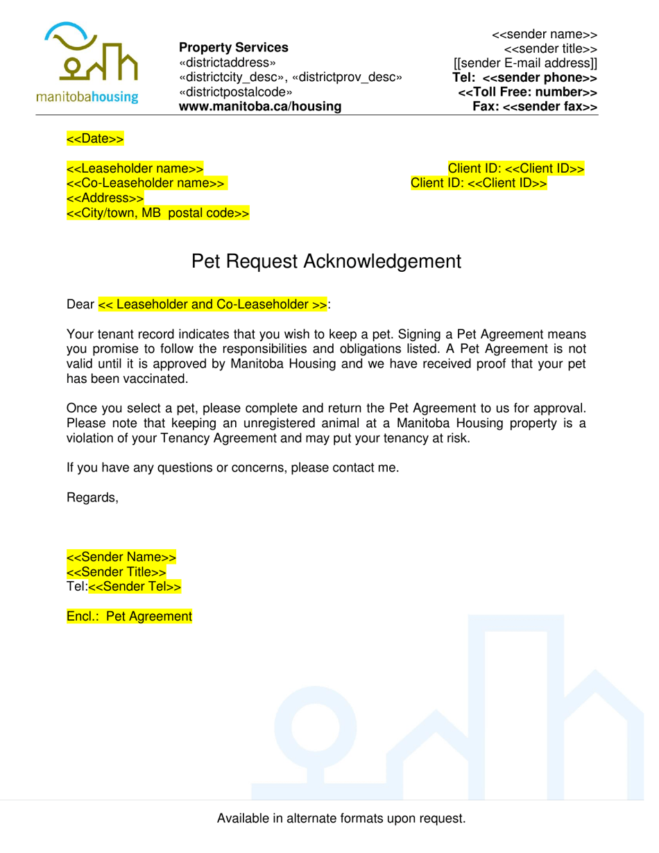 Manitoba Canada Pet Request Acknowledgment Letter - Fill Out, Sign ...