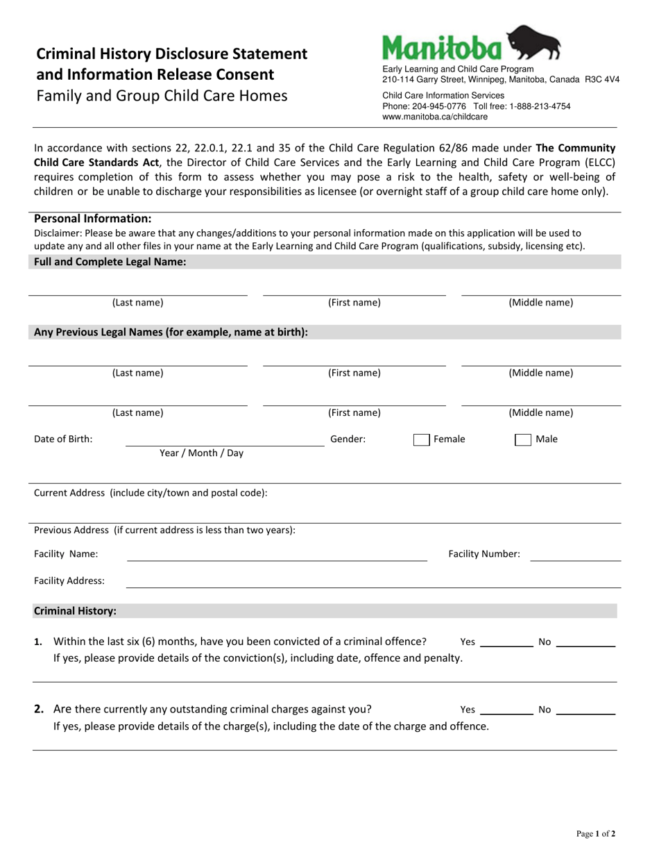 Manitoba Canada Criminal History Disclosure Statement and Information ...