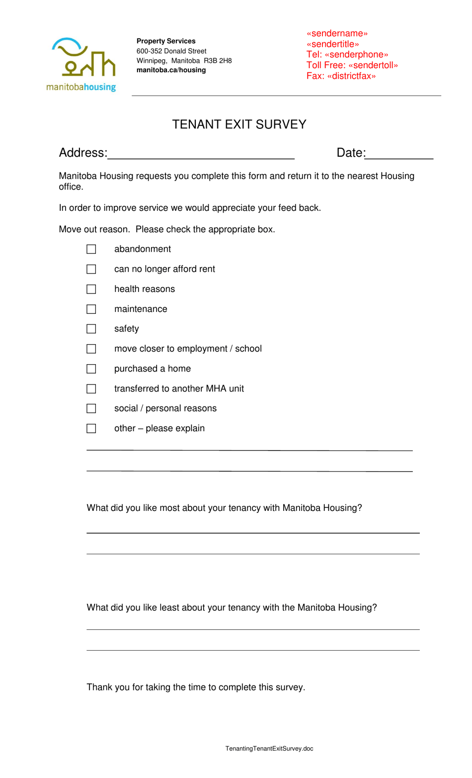 Manitoba Canada Tenant Exit Survey - Fill Out, Sign Online and Download ...