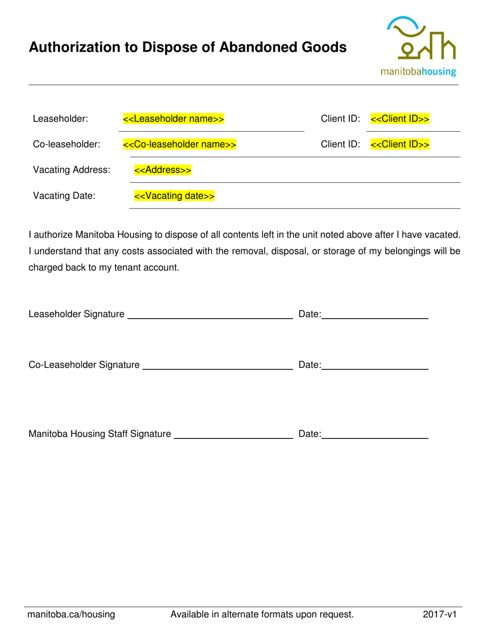 Manitoba Canada Authorization to Dispose of Abandoned Goods - Fill Out ...