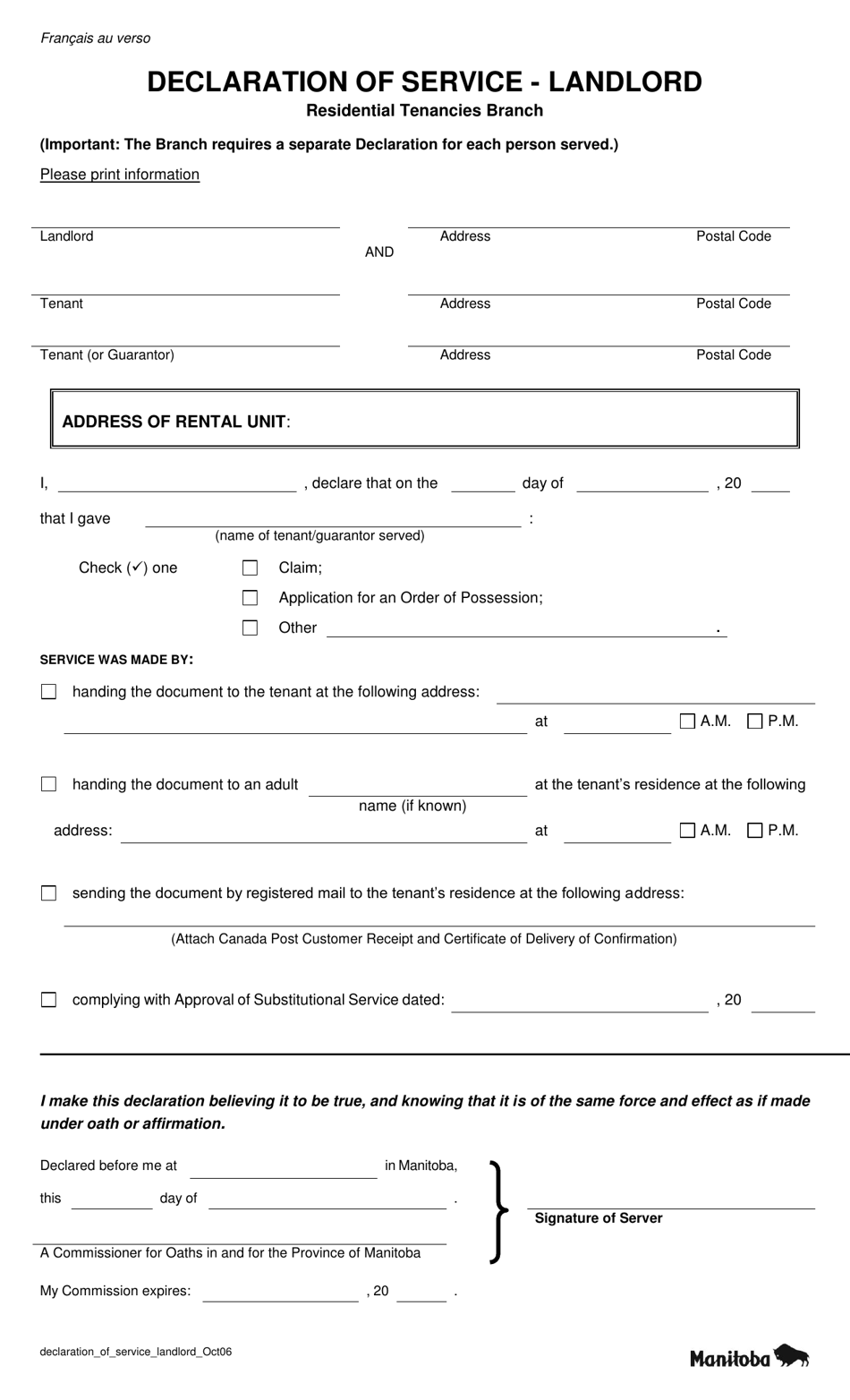 Manitoba Canada Declaration of Service - Landlord (English/French ...
