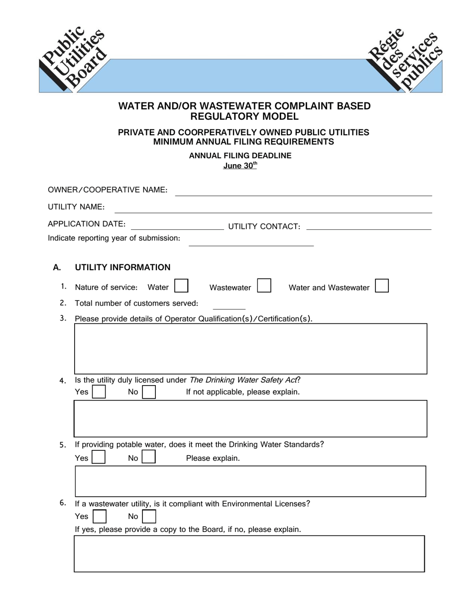 Manitoba Canada Water and/or Wastewater Complaint Based Regulatory Model - Private and ...