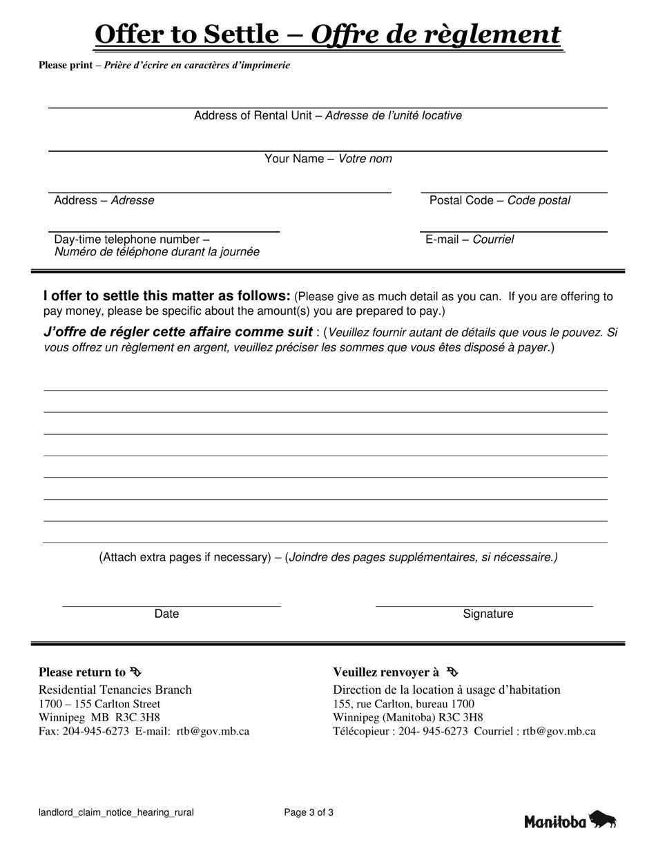 Manitoba Canada Landlord Claim/Notice of Hearing Form - Winnipeg - Fill ...