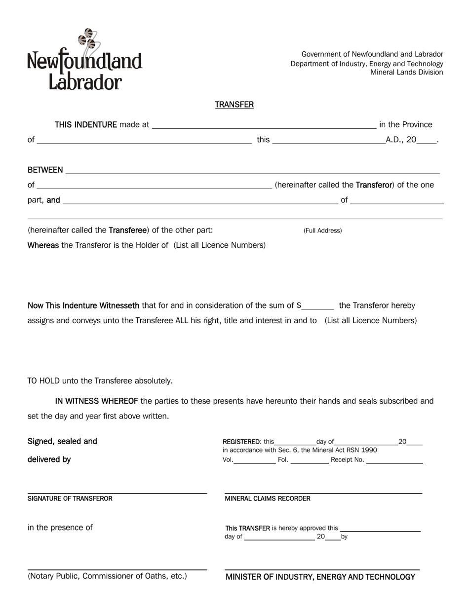 Newfoundland and Labrador Canada License Transfer Form - Fill Out, Sign ...