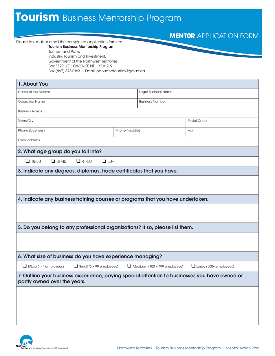 Northwest Territories Canada Mentor Application Form - Fill Out, Sign ...