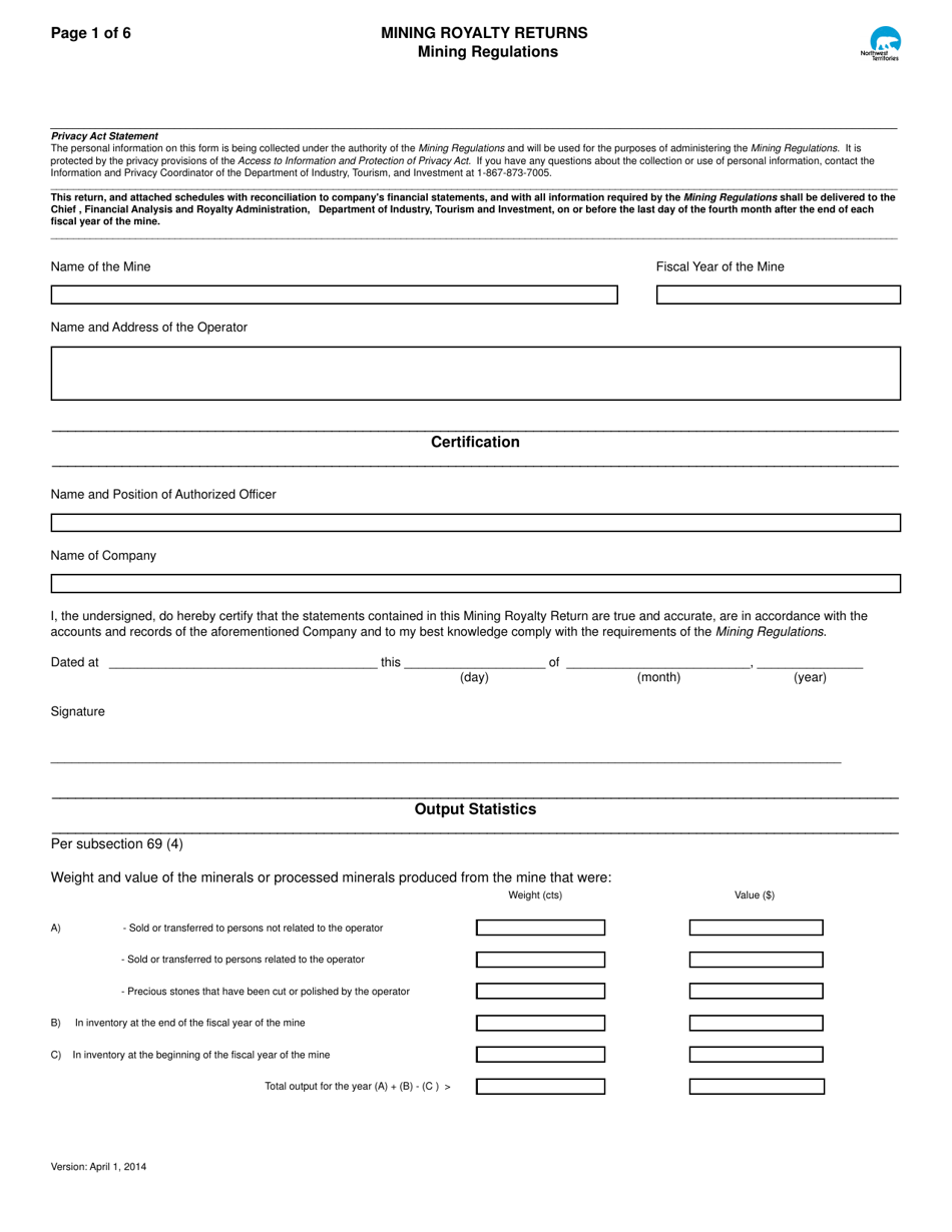 Northwest Territories Canada Mining Royalty Return - Fill Out, Sign ...