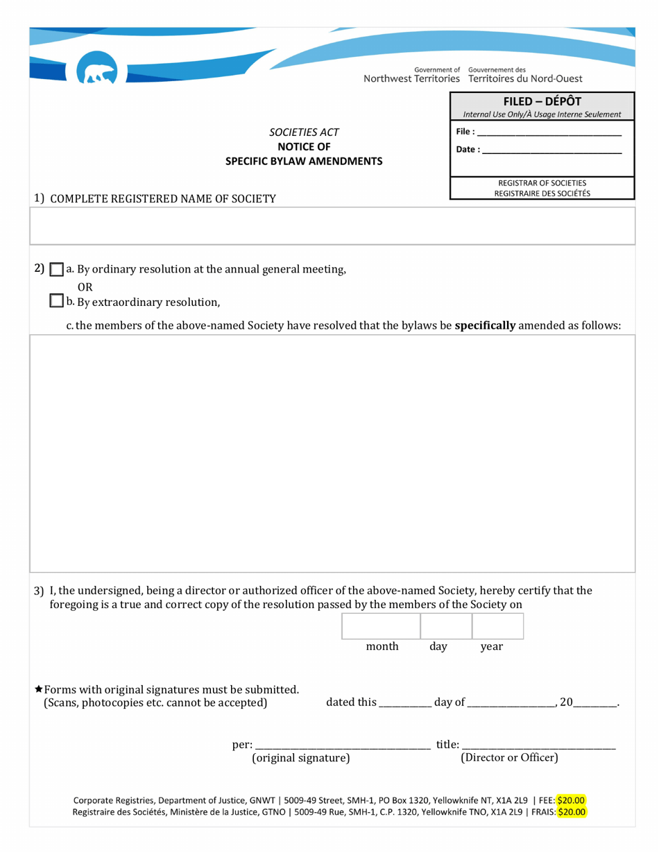 Northwest Territories Canada Notice of Specific Bylaw Amendments - Fill ...