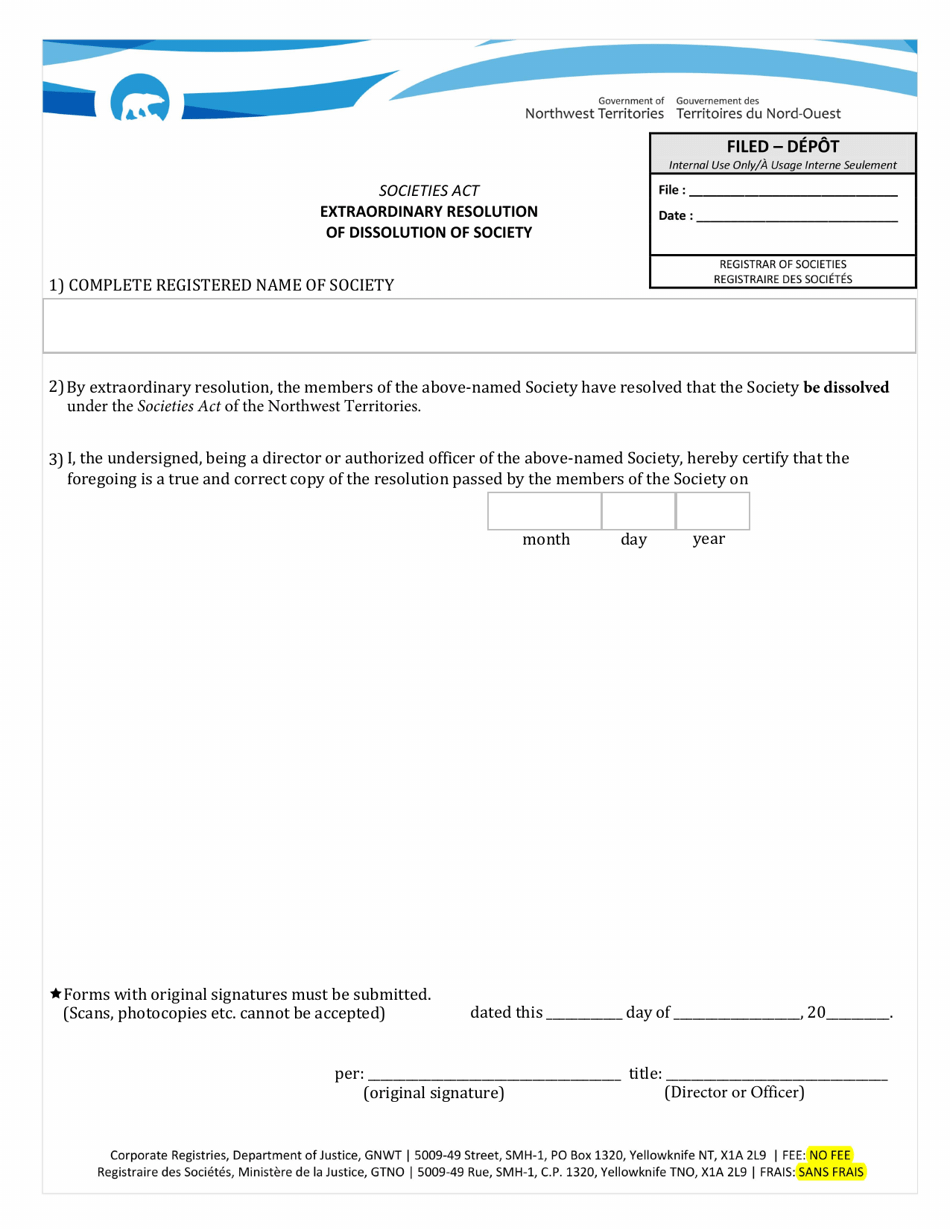 Northwest Territories Canada Extraordinary Resolution of Dissolution of ...