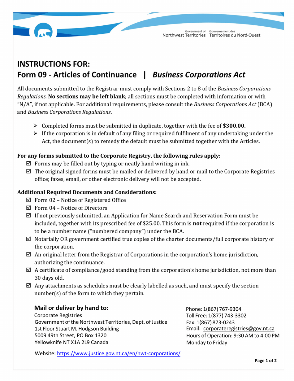 Download Instructions for Form 09 Articles of Continuance PDF ...