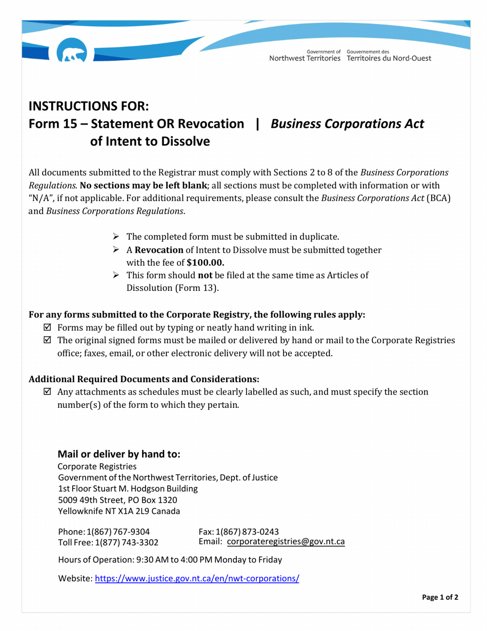 Download Instructions for Form 15 Statement of Intent to Dissolve or ...
