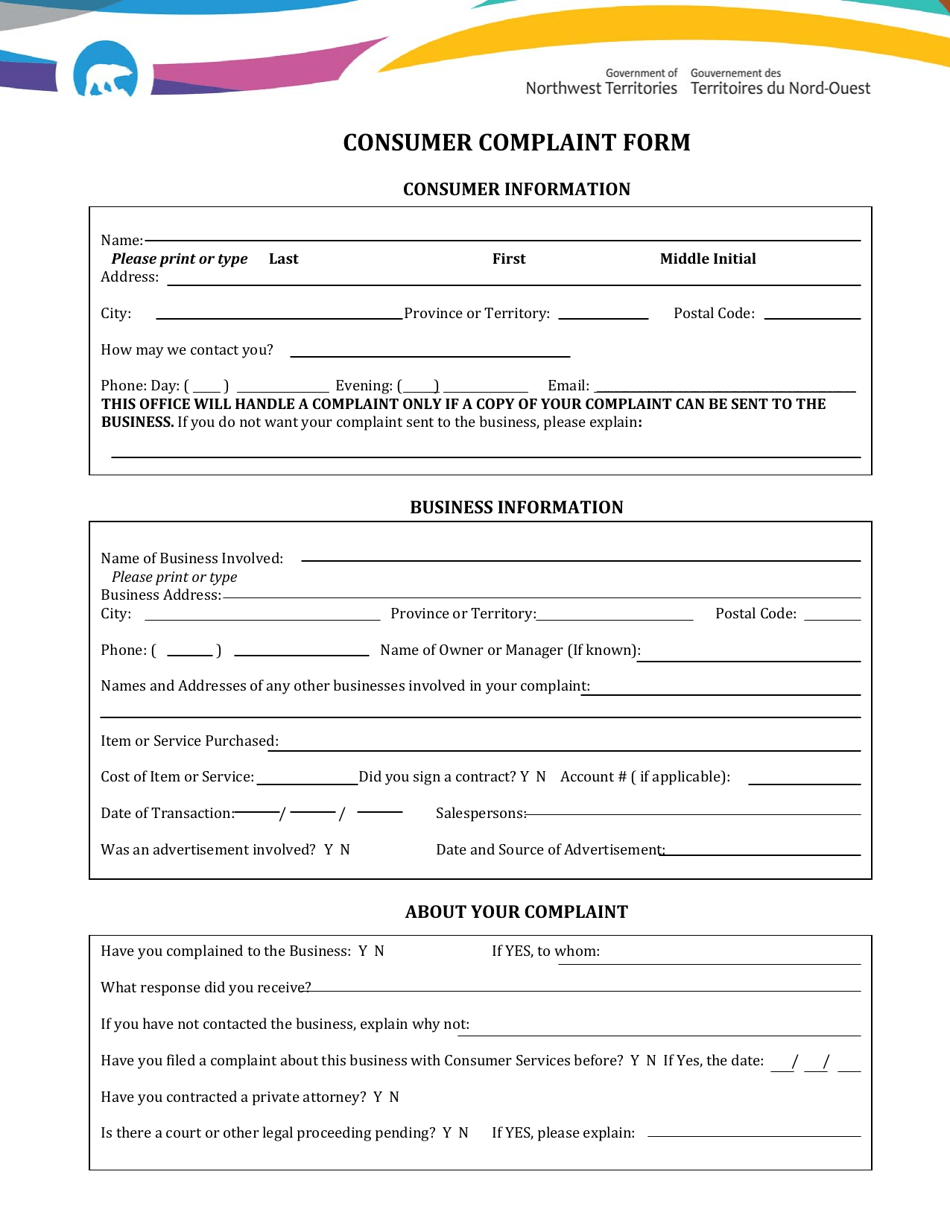 Northwest Territories Canada Consumer Complaint Form - Fill Out, Sign ...