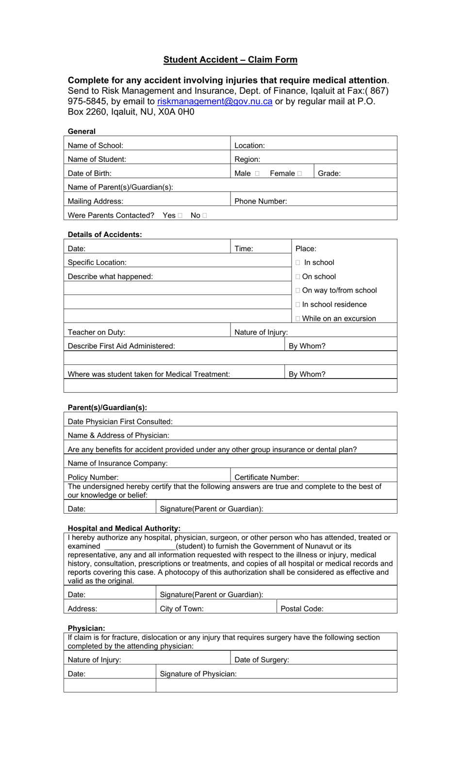 Nunavut Canada Student Accident - Claim Form - Fill Out, Sign Online ...