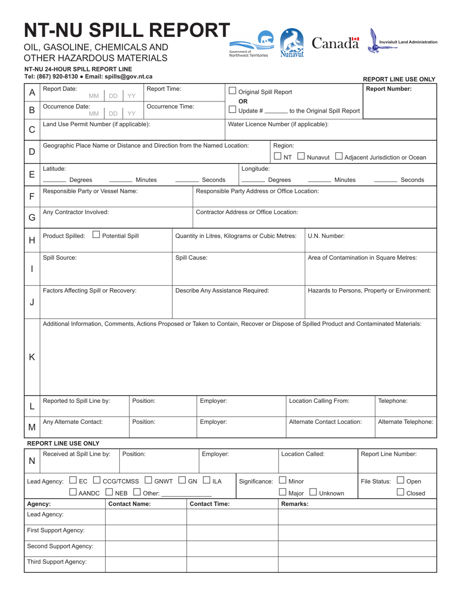 Northwest Territories Canada Nt-Nu Spill Report - Oil, Gasoline ...