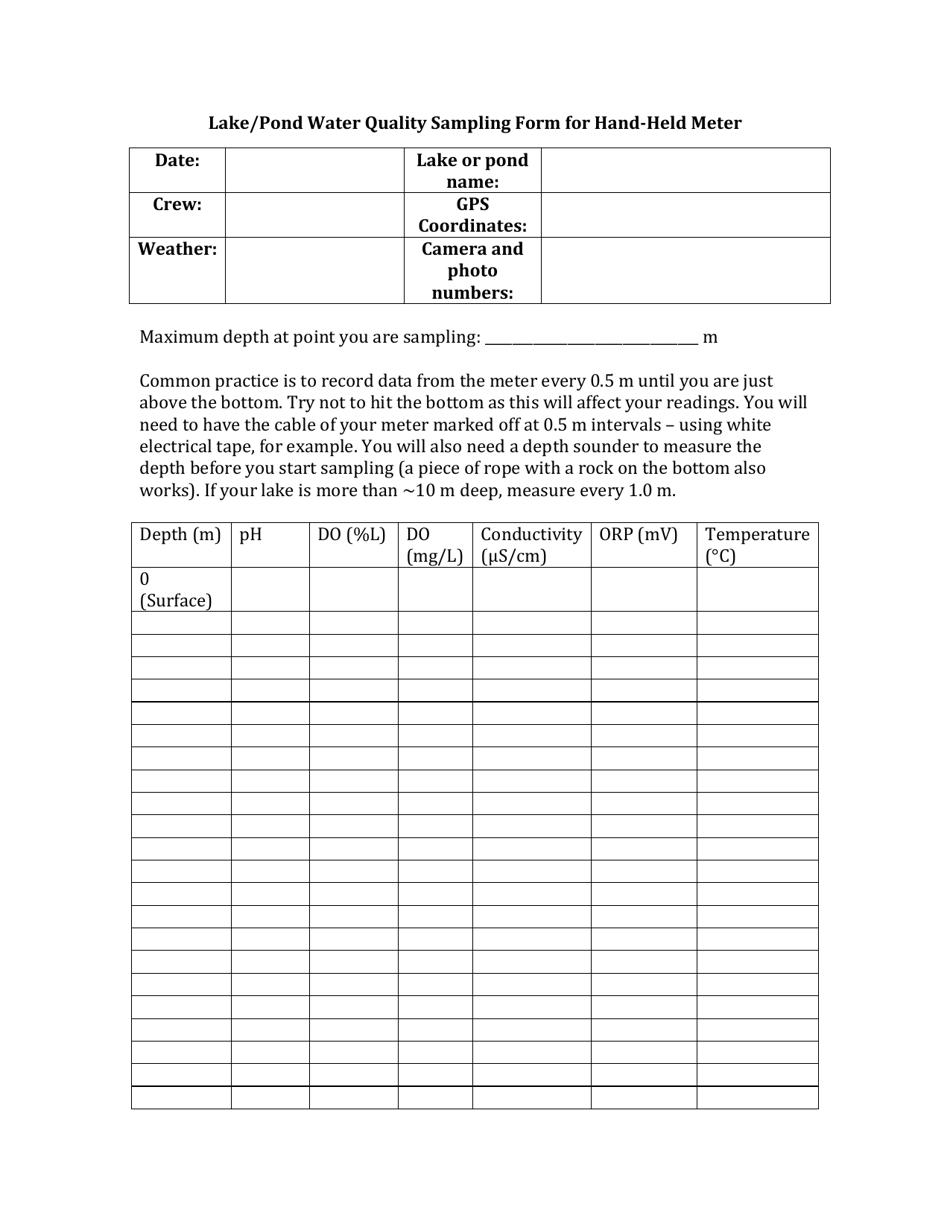 Northwest Territories Canada Lake/Pond Water Quality Sampling Form for ...