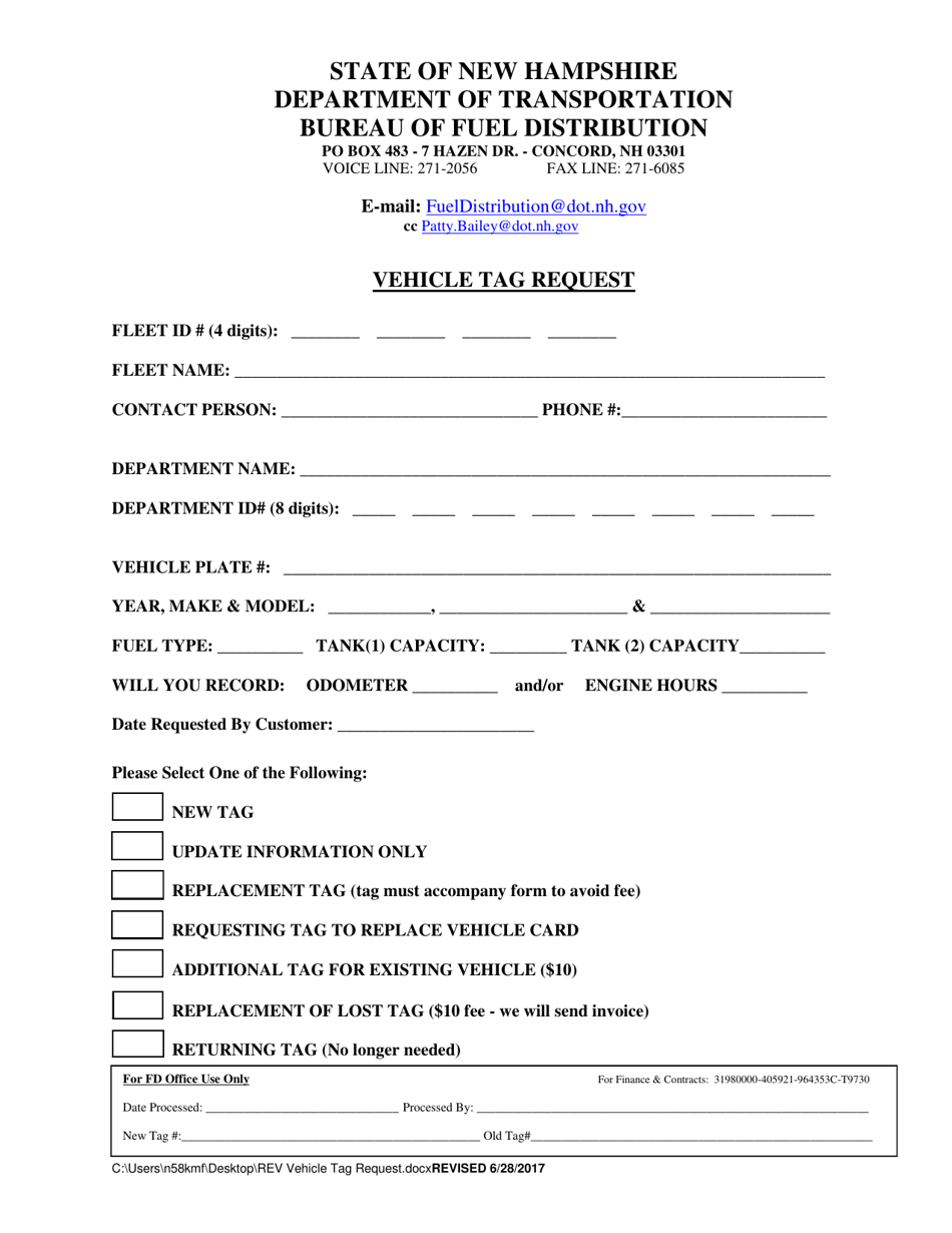 New Hampshire Vehicle Tag Request - Fill Out, Sign Online and Download ...