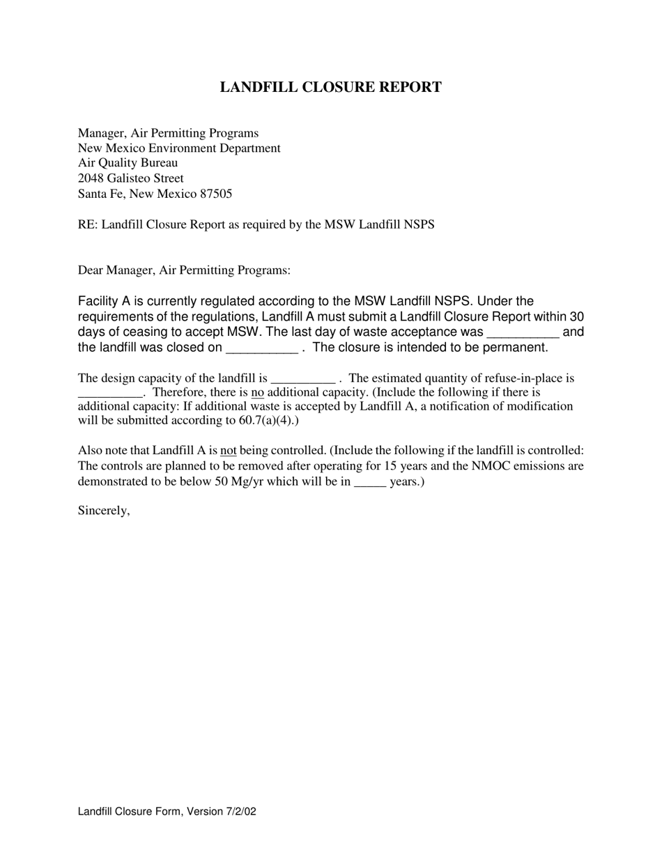 New Mexico Landfill Closure Report - Fill Out, Sign Online and Download ...