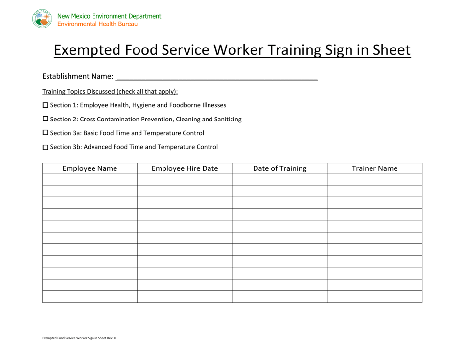New Mexico Exempted Food Service Worker Training Sign in Sheet - Fill ...
