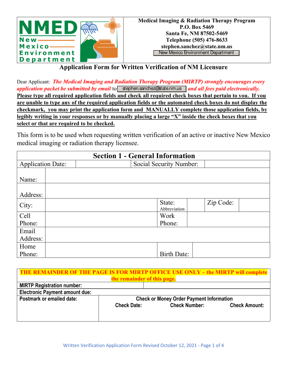 New Mexico Application Form for Written Verification of Nm Licensure ...