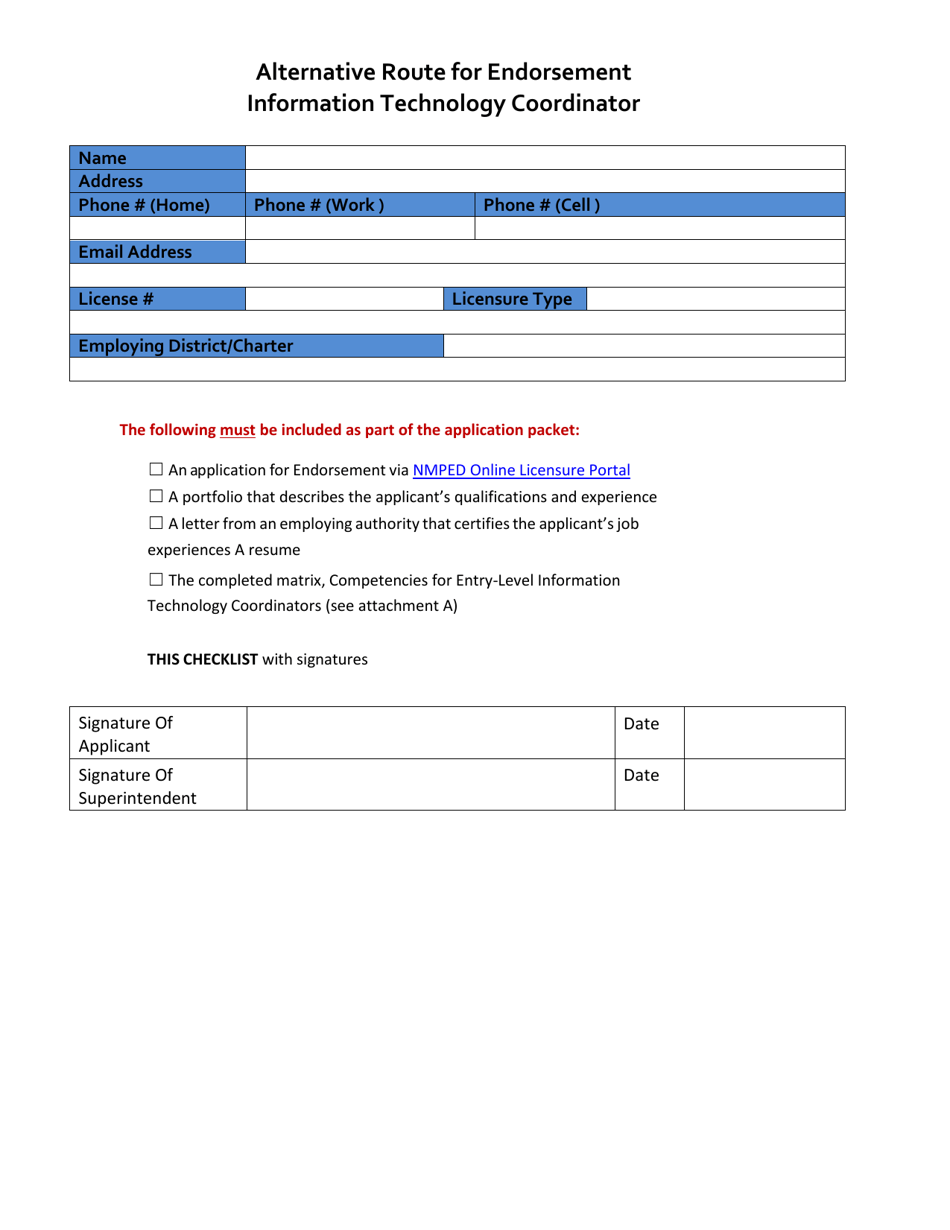New Mexico Alternative Route to Endorsement in Information Technology Coordinator Checklist ...