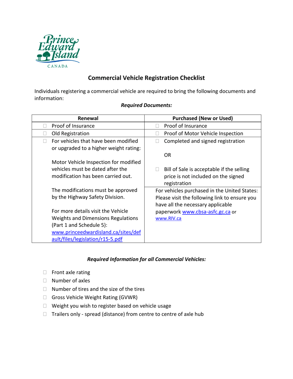 Prince Edward Island Canada Commercial Vehicle Registration Checklist ...