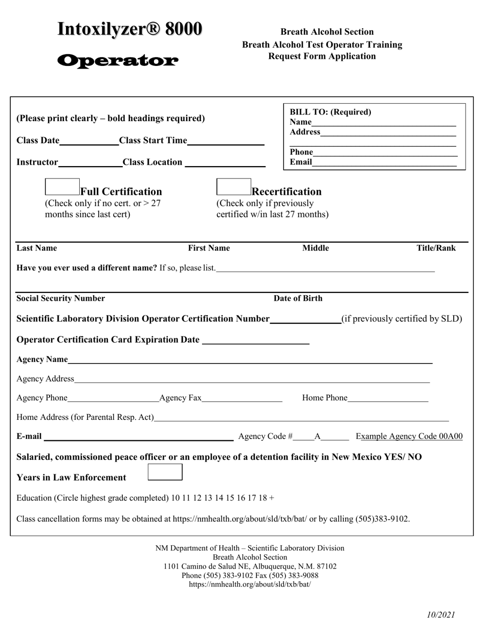 New Mexico Breath Alcohol Test Operator Training Request Form Download ...