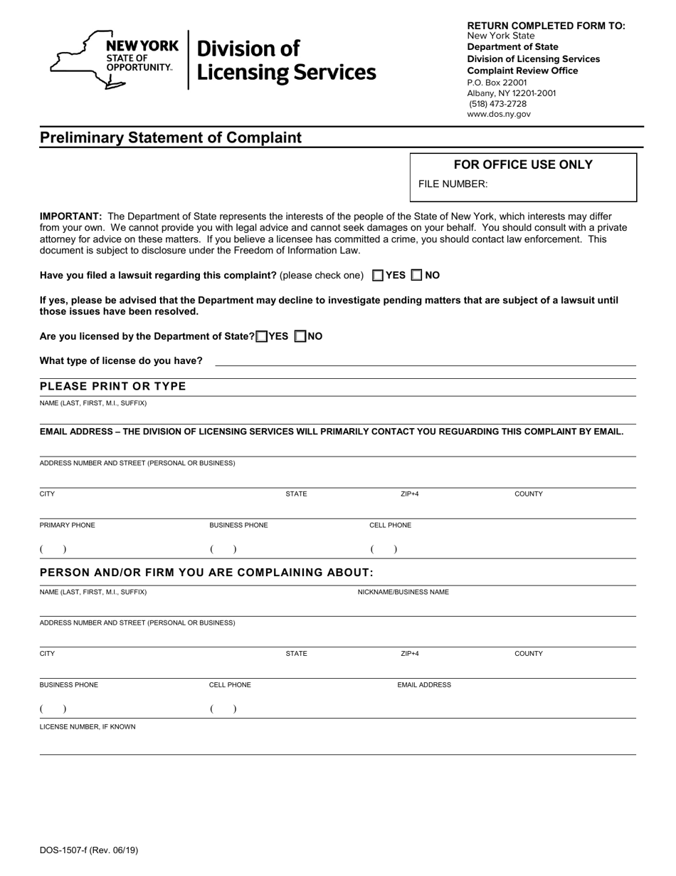 Form DOS-1507-F - Fill Out, Sign Online and Download Fillable PDF, New ...