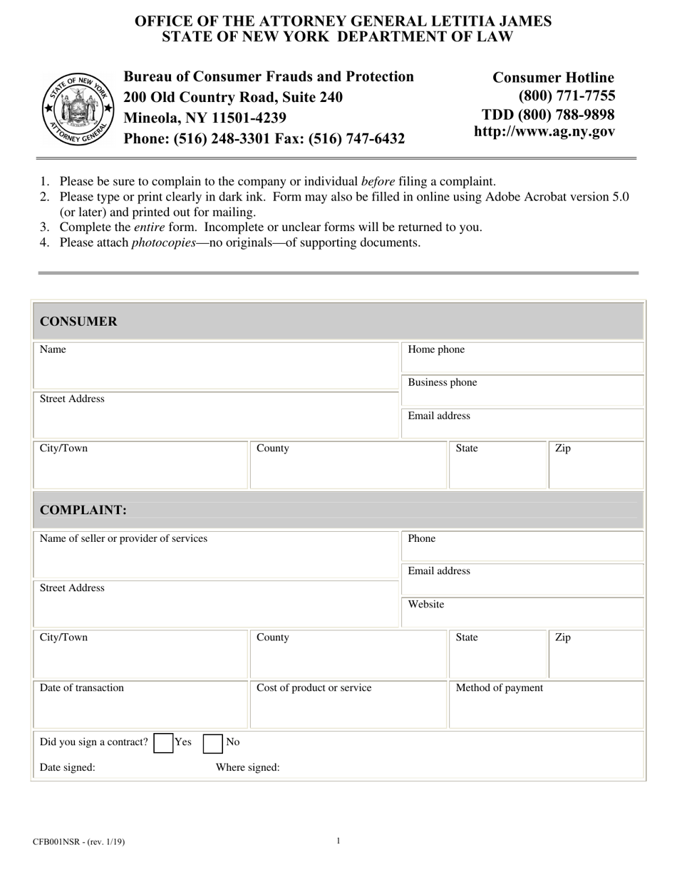 Form CFB001NSR - Fill Out, Sign Online and Download Fillable PDF, New ...