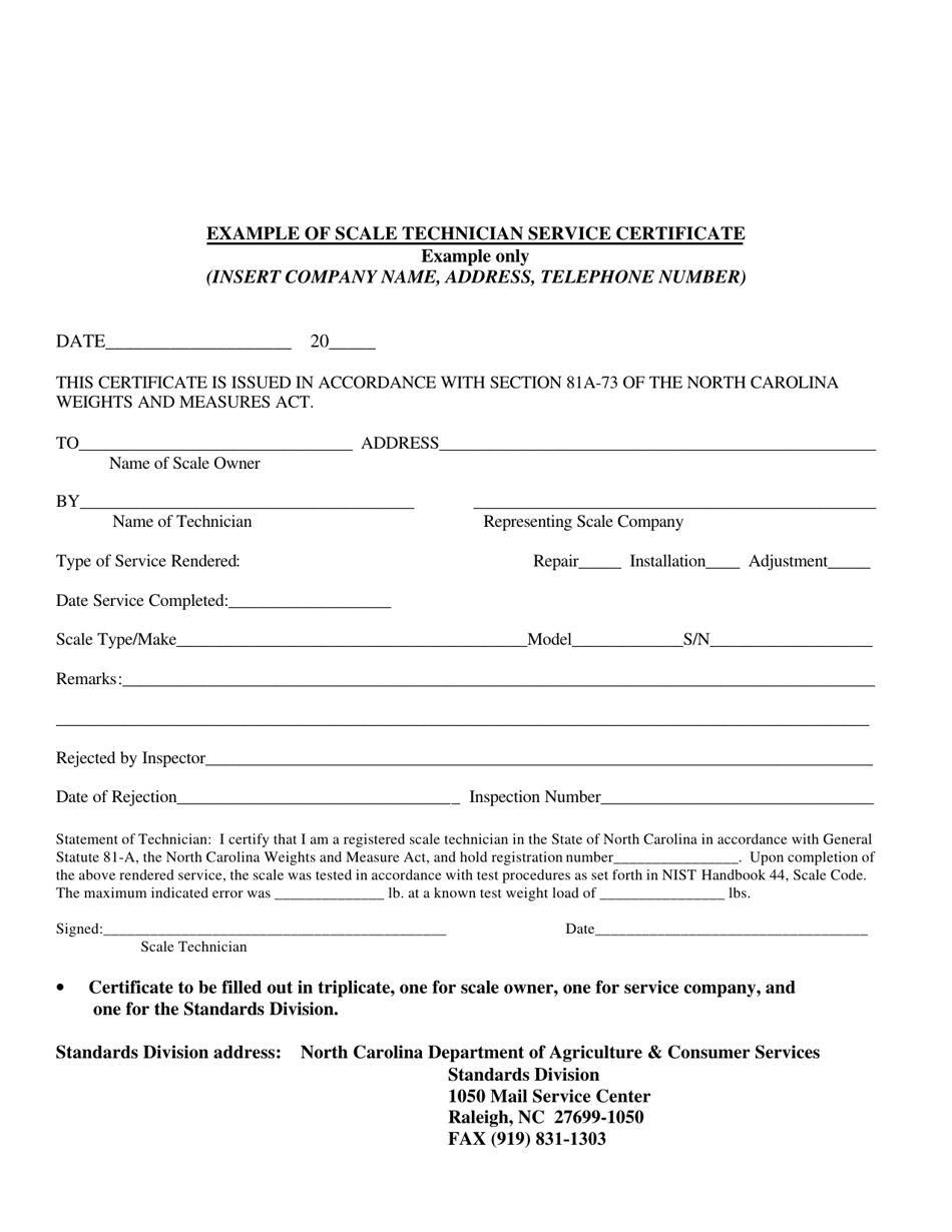 North Carolina Scale Technician Service Certificate - Fill Out, Sign ...