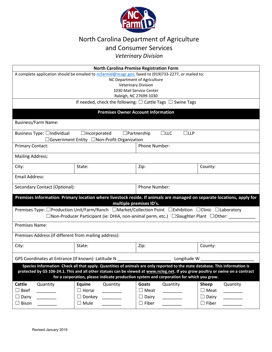 North Carolina North Carolina Premise Registration Form (Farm Id ...