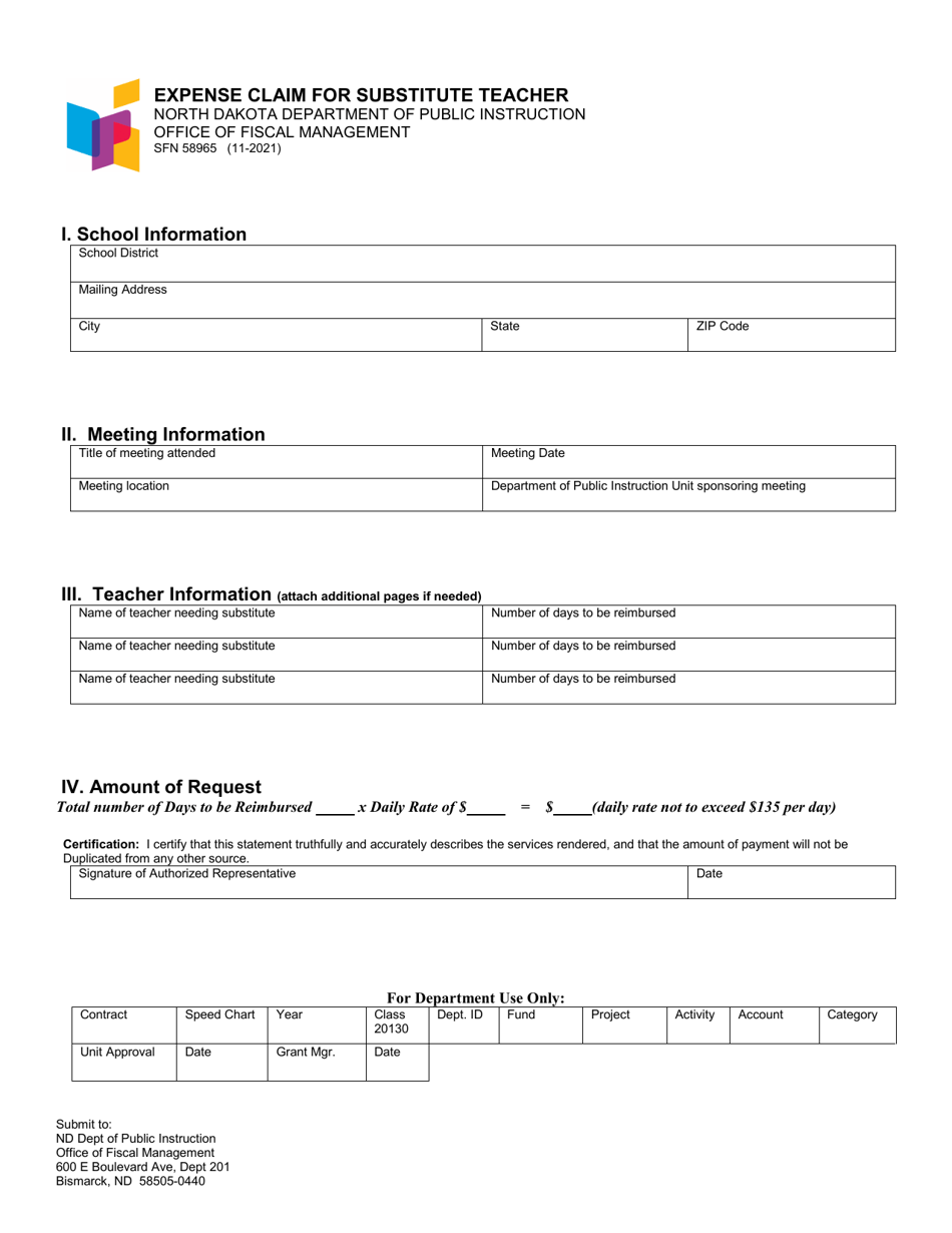 Form SFN58965 Download Fillable PDF or Fill Online Expense Claim for ...