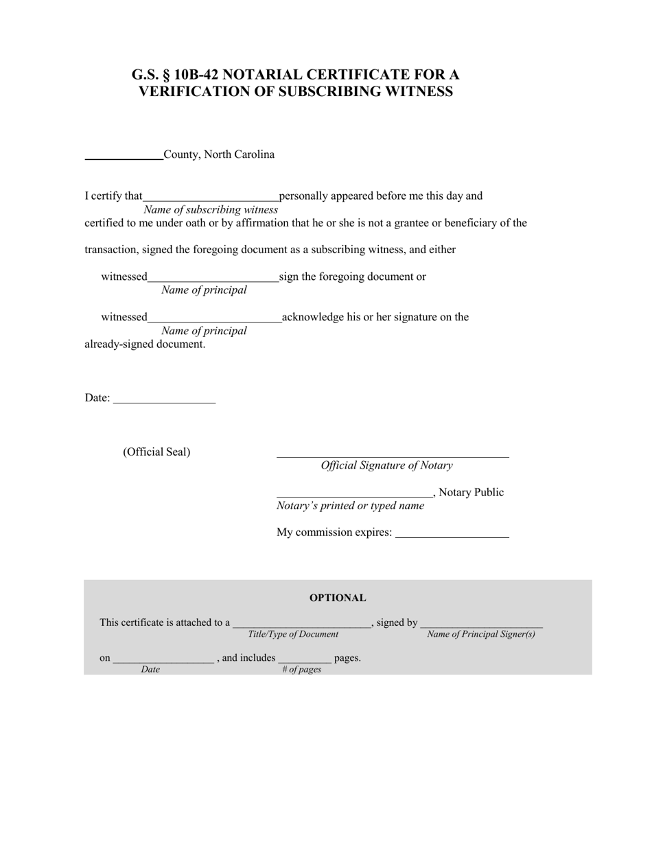 North Carolina Notarial Certificate for a Verification of Subscribing ...