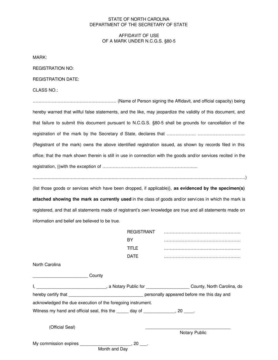North Carolina Affidavit of Use - Fill Out, Sign Online and Download ...