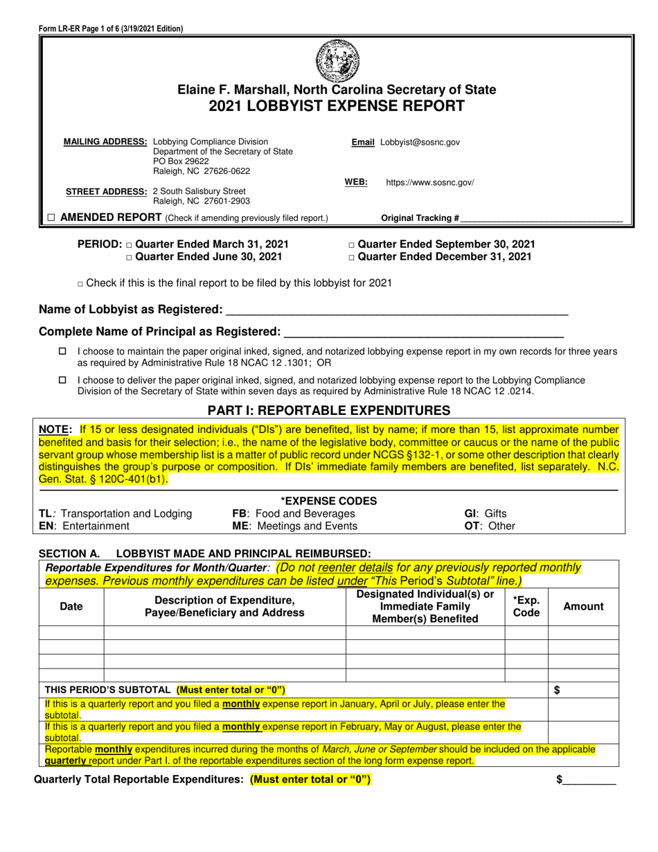Form LR-ER Download Printable PDF or Fill Online Lobbyist Expense ...