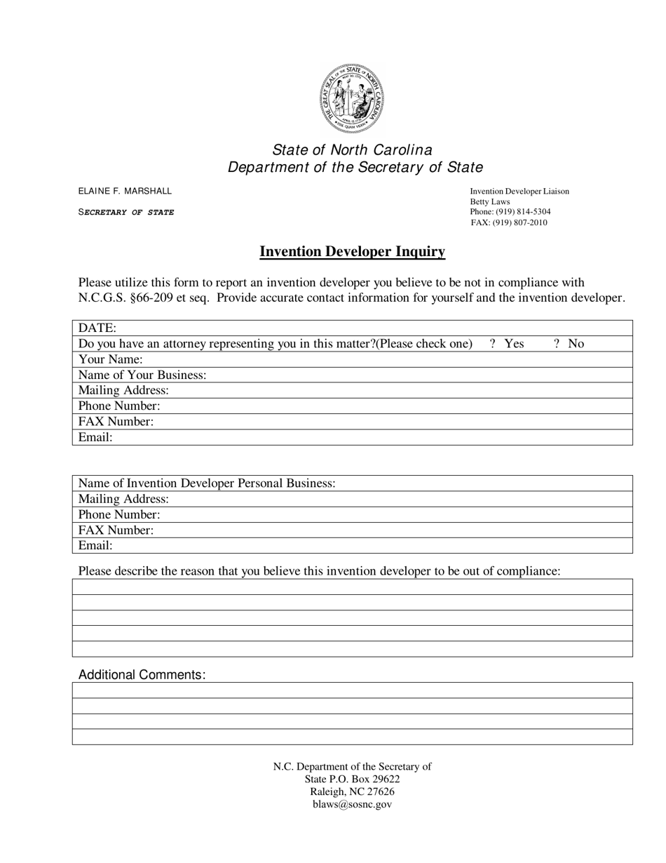 North Carolina Invention Developer Inquiry - Fill Out, Sign Online and ...