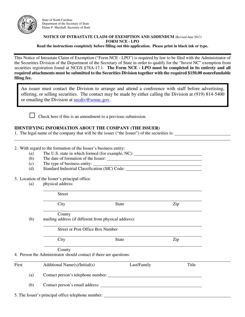 Form NCE-LPO - Fill Out, Sign Online and Download Printable PDF, North ...