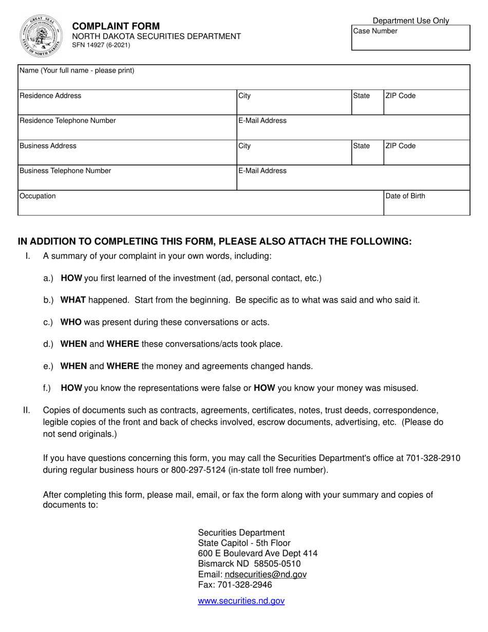 Form SFN14927 Download Fillable PDF or Fill Online Complaint Form ...