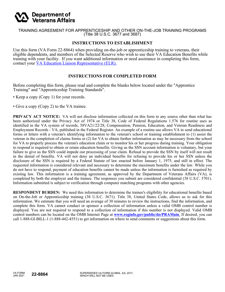 VA Form 22-8864 Download Fillable PDF or Fill Online Training Agreement for Apprenticeship and ...