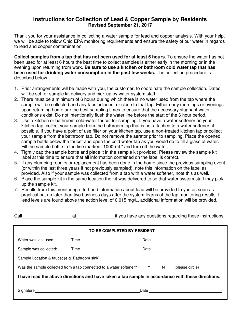 Ohio Instructions for Collection of Lead & Copper Sample by Residents ...