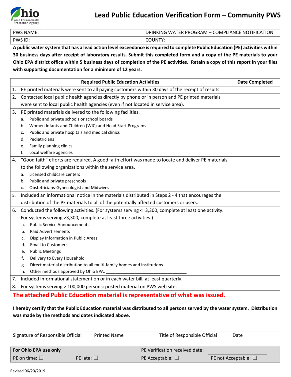 Ohio Lead Public Education Verification Form - Community Pws - Fill Out ...