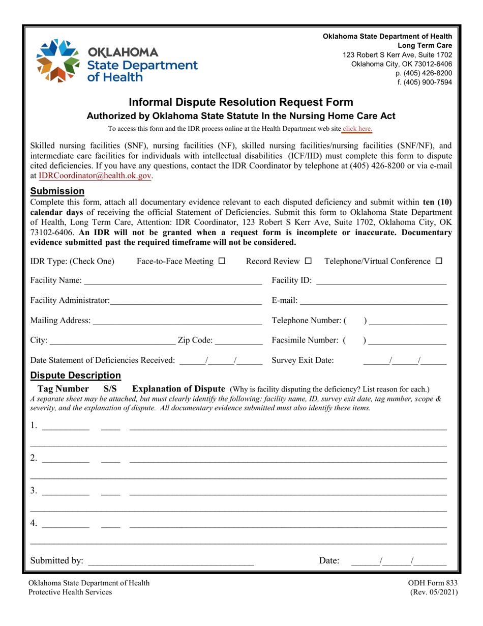ODH Form 833 Download Fillable PDF or Fill Online Informal Dispute ...