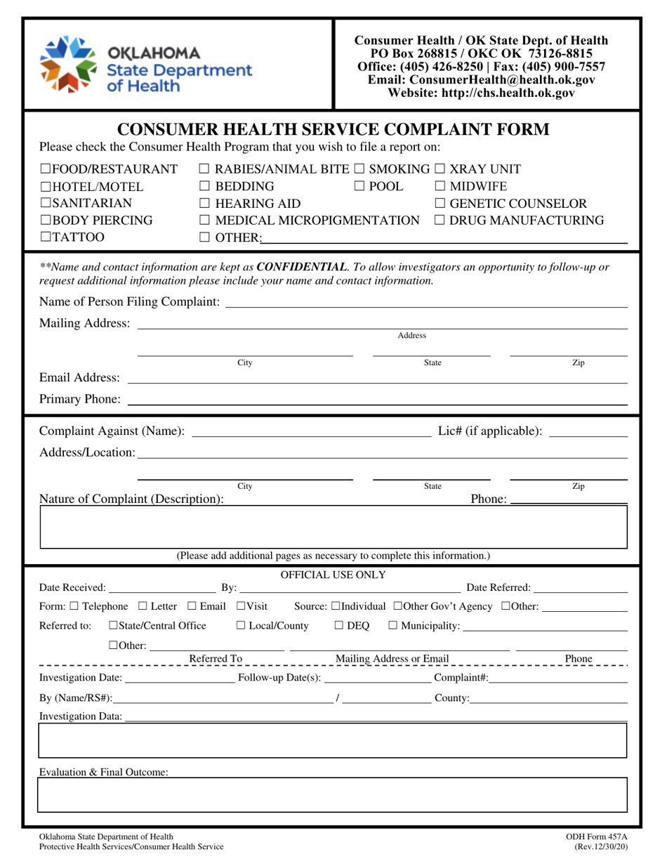ODH Form 457A Download Fillable PDF or Fill Online Consumer Health ...