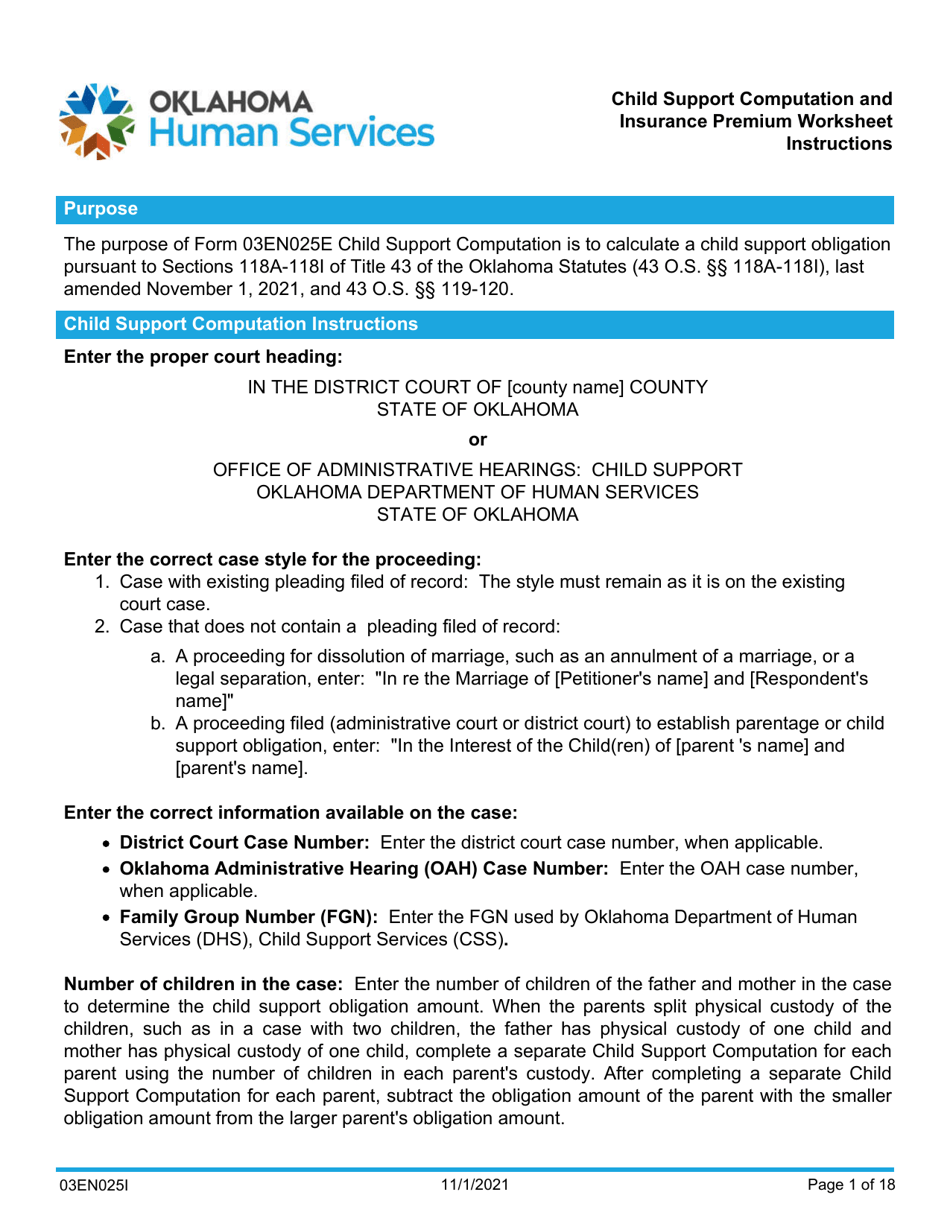 Download Instructions for Form 03EN025E Child Support Computation PDF ...