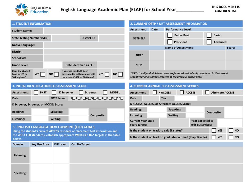 Oklahoma English Language Academic Plan (Elap) Download Fillable PDF ...