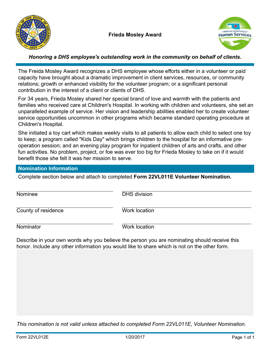 Form 22VL012E Download Fillable PDF or Fill Online Frieda Mosley Award ...