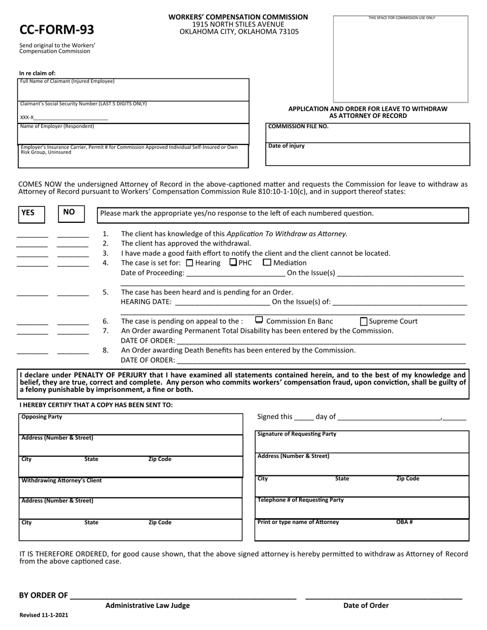 CC- Form 93 Download Fillable PDF or Fill Online Application and Order ...