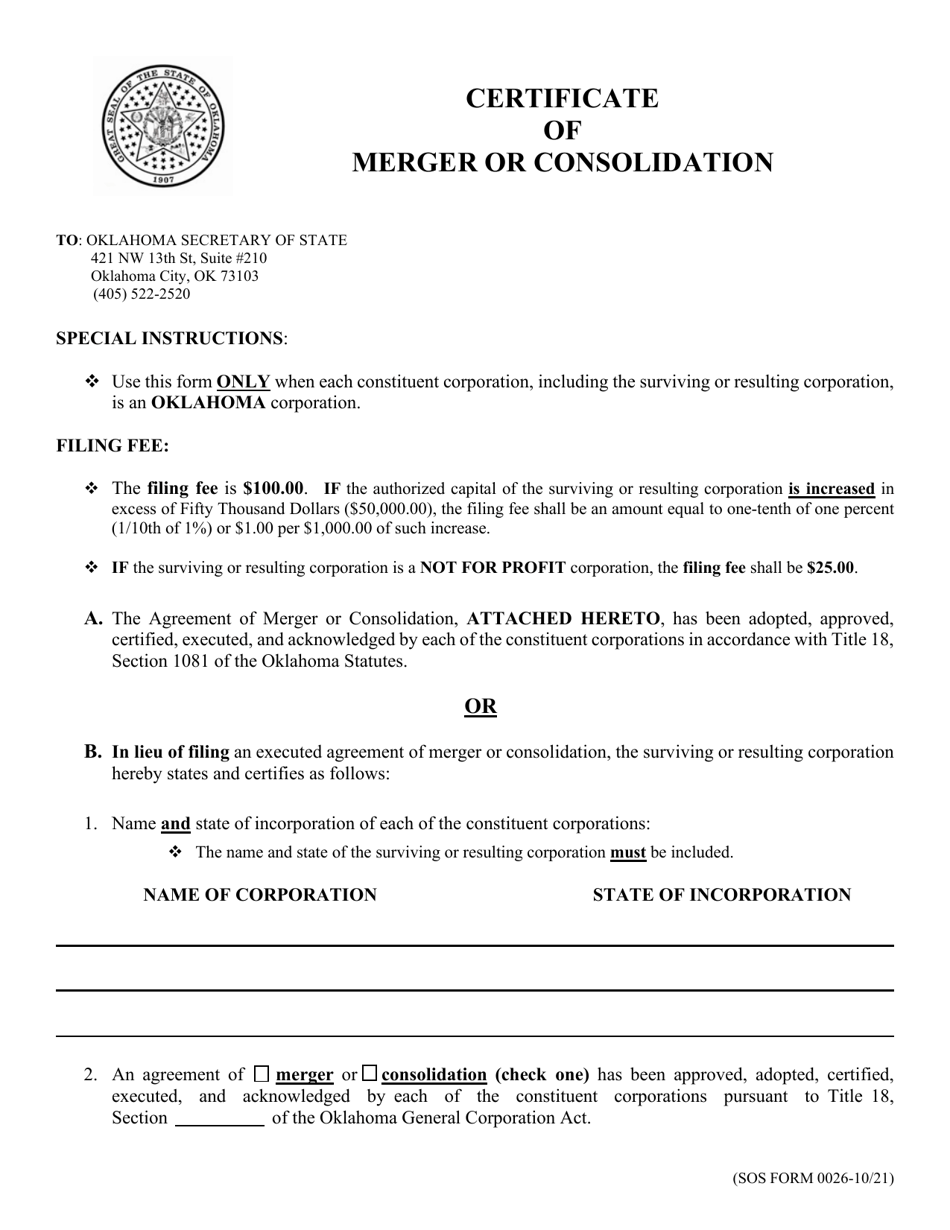 SOS Form 0026 Download Fillable PDF or Fill Online Certificate of Merger or Consolidation ...